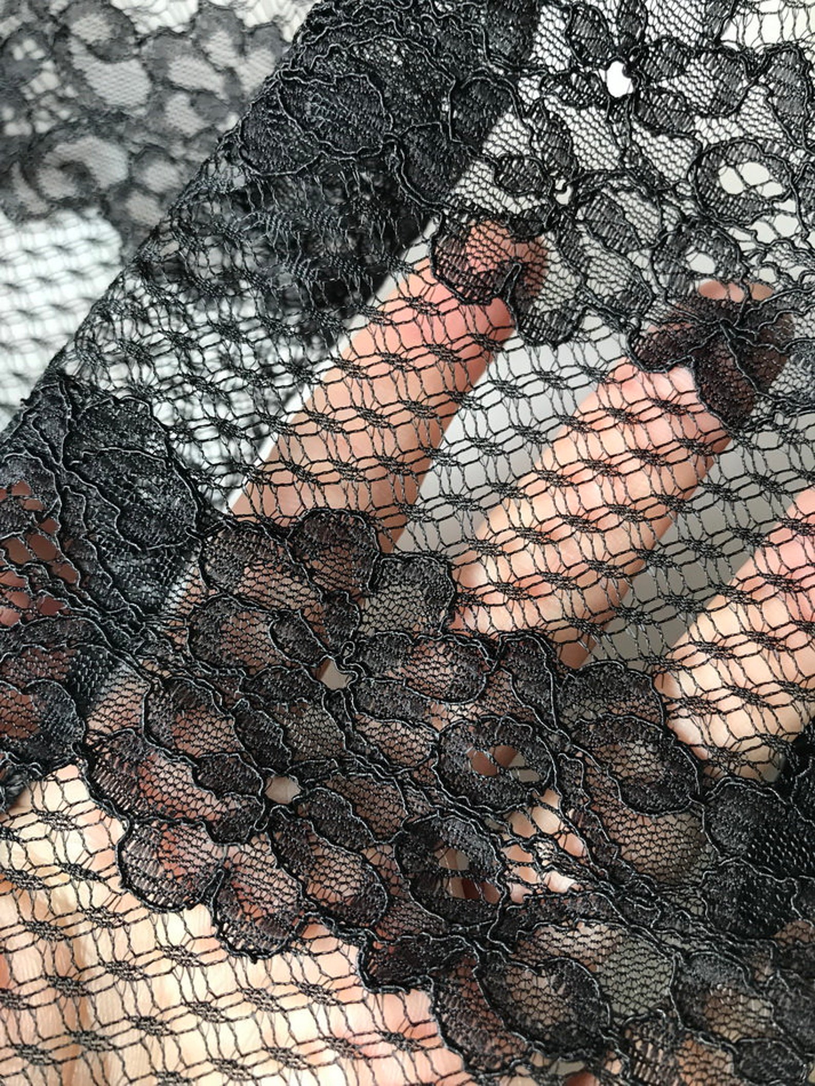 Black Lace Fabric Scalloped Fabric Chantilly Corded Lace by - Etsy