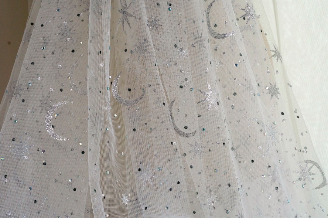 Soft off White Sequin Tulle Fabric With Silver Glitter Moon Stars for ...