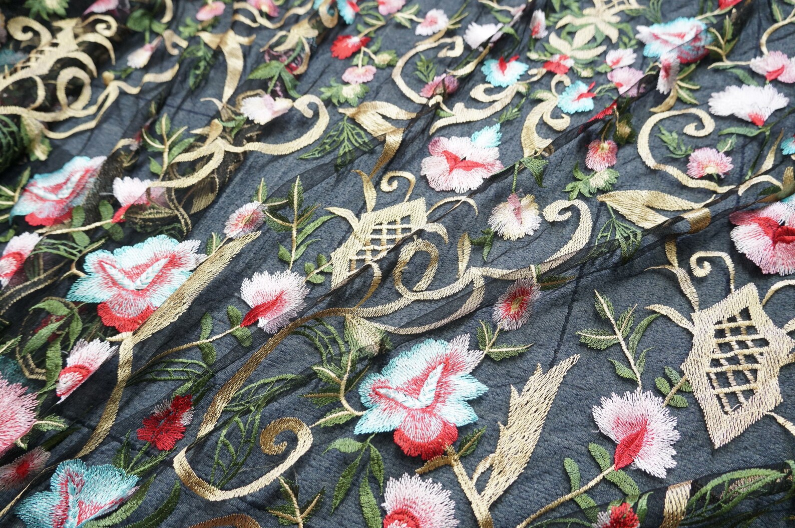 Multi-color Floral Flowers Embroidered on Black Tulle Fabrics | Etsy