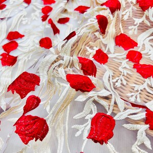 Rose Fabric, Red Rose Flower With Light Gold Leaves Embroidery Fabric ...