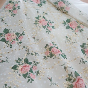 Retro Rose Flowers Print Chiffon Fabric Soft Polyester Chiffon Eyelet ...