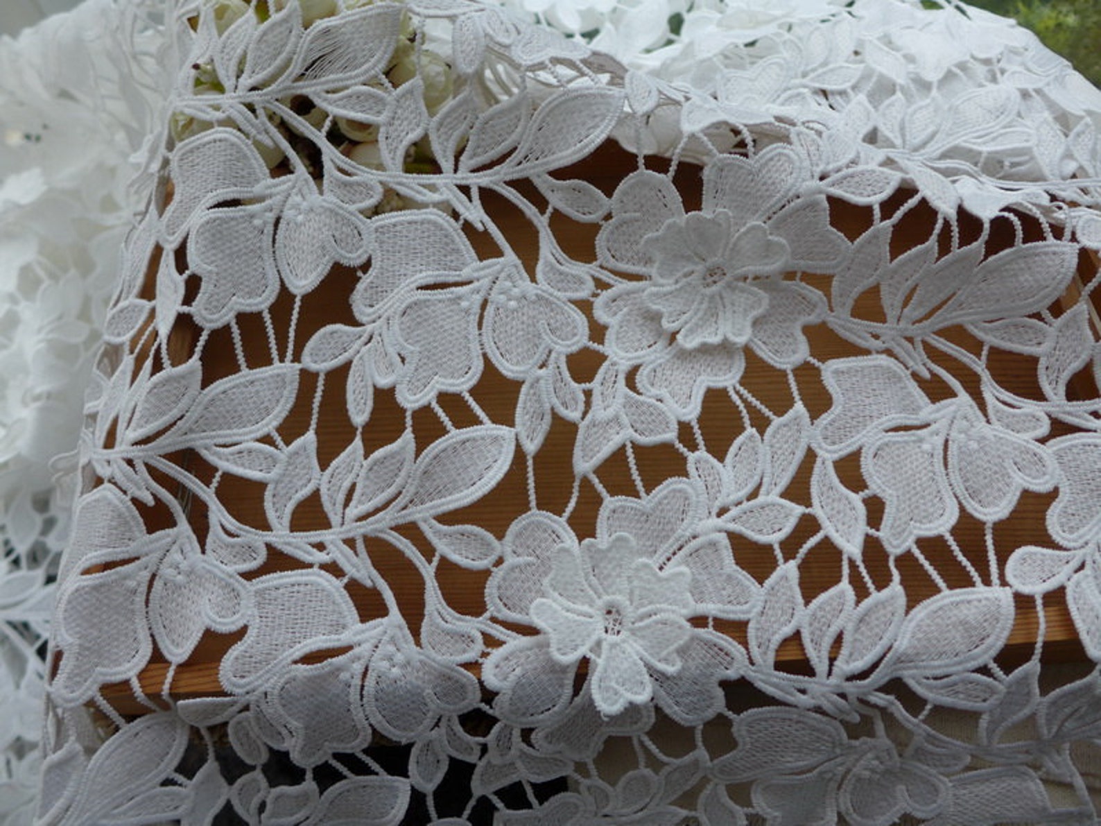 Bridal Lace Fabric With Leaves Pattern, Double Flowers Applique Fabric ...