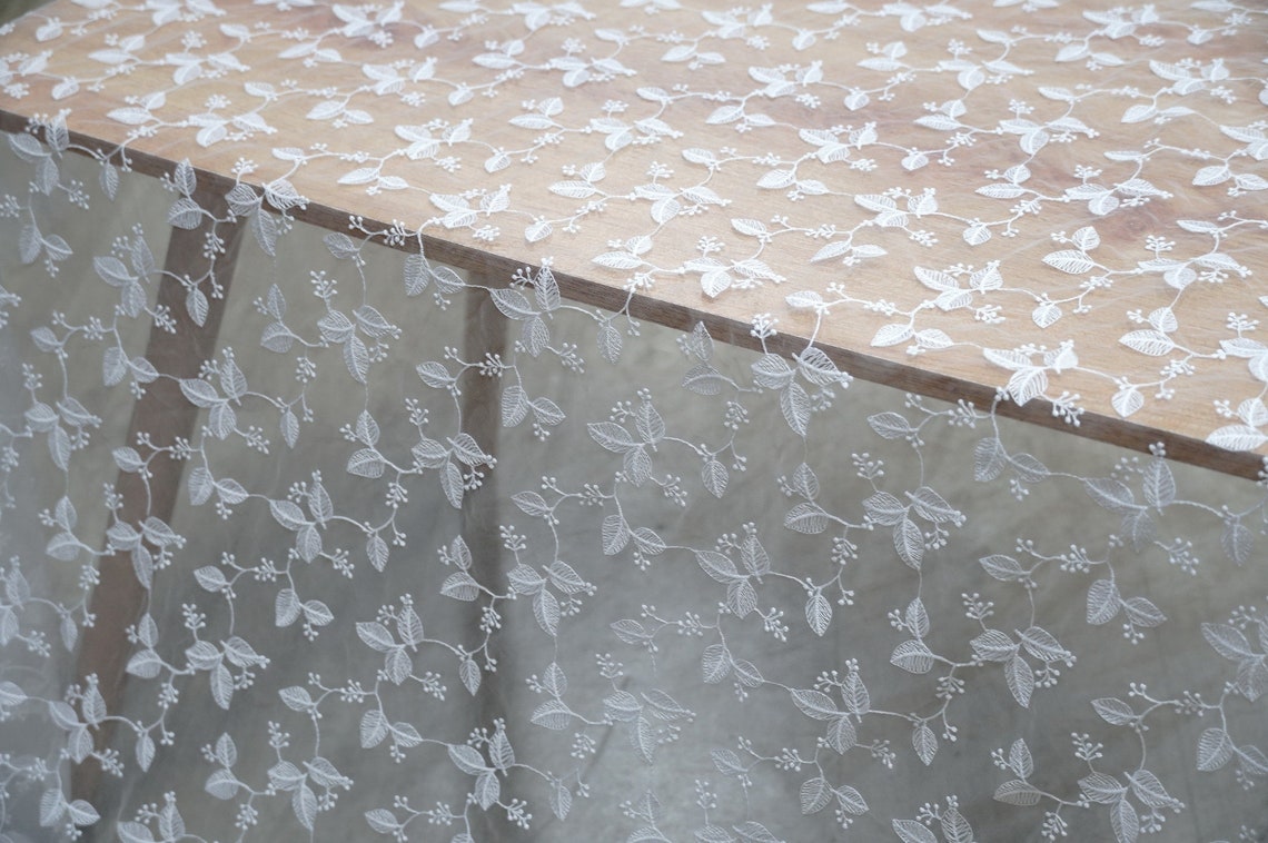 Off white Leaves Embroidered Mesh Lace Wedding Dress Fabric | Etsy