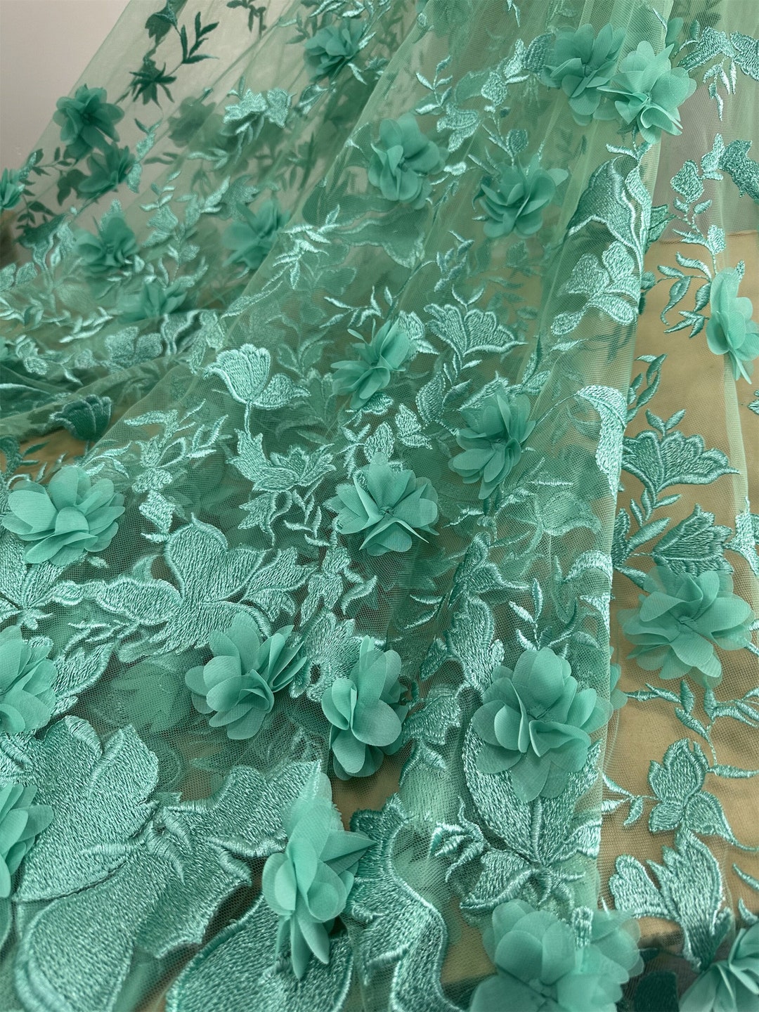 3D Chiffon Flower Fabric, Cyan Green Lace Fabric, Floral Embroidery ...