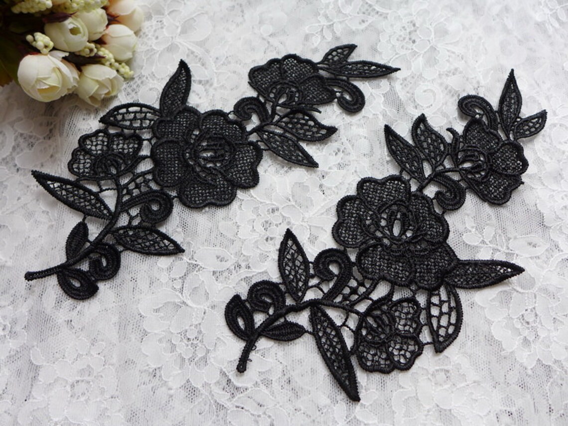 Black Lace Applique, One Pair Black Venice Flower Appliqué - Etsy