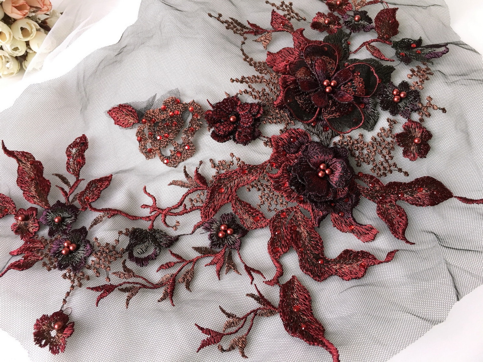 Lace Applique Beaded Applique Dark Red Lace Applique Bridal | Etsy