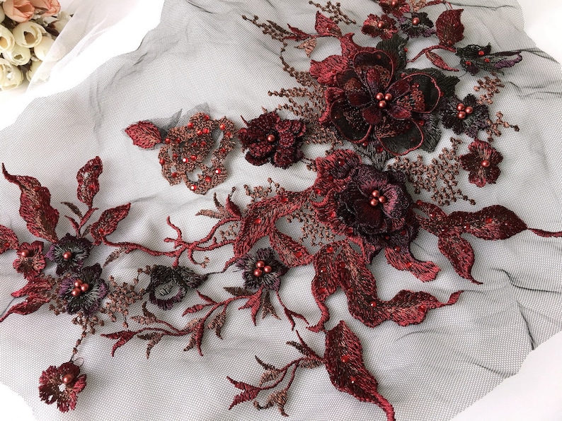 Lace Applique, Beaded Applique, Dark Red Lace Applique, Bridal Applique ...