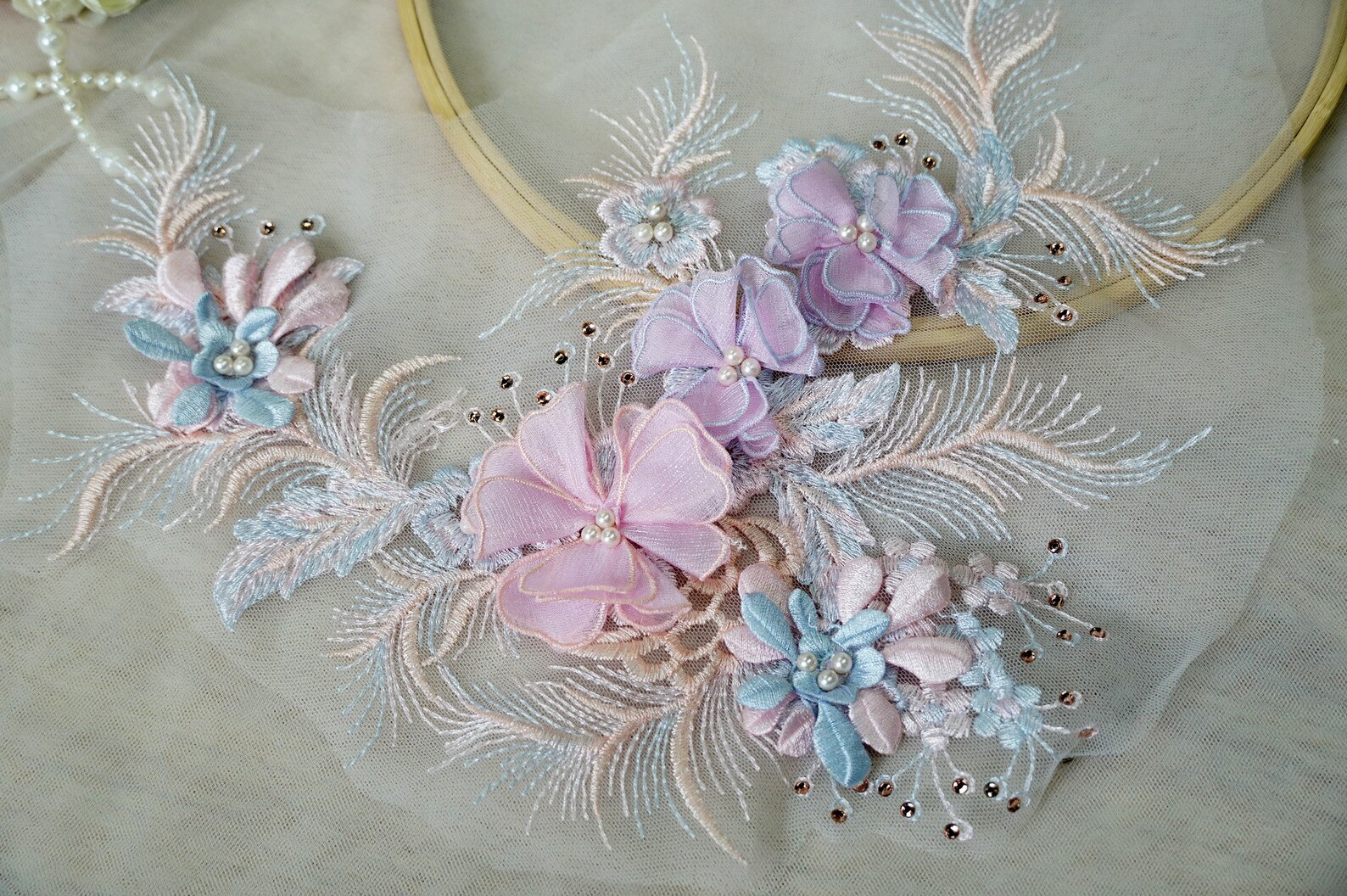 Purple Blue Lace Applique 3D flower Lace Applique Pearl | Etsy