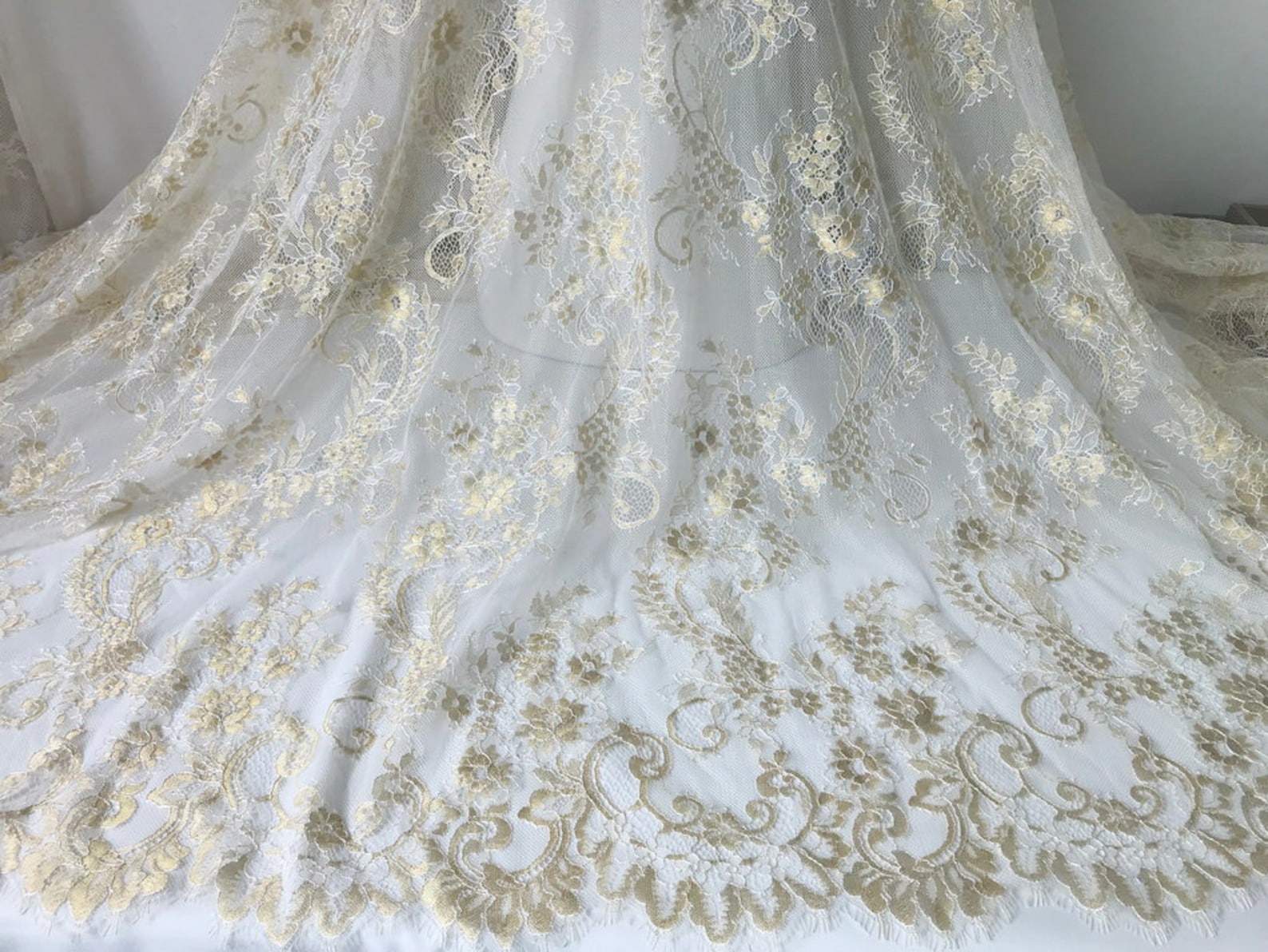 Gold French Chantilly Lace Fabric Elegant Floral Wedding - Etsy UK