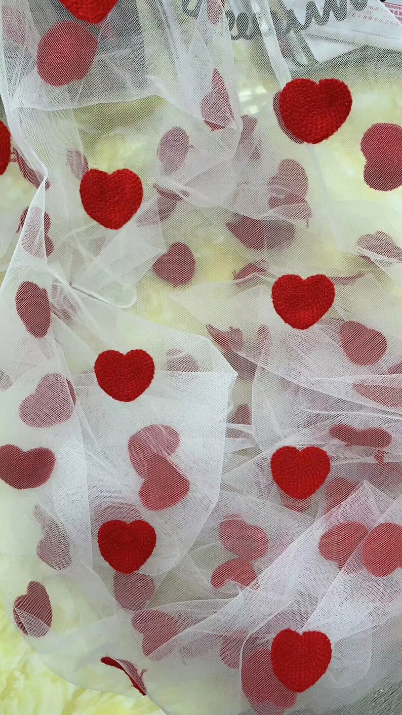 Hearts Tulle Fabric Red Heart Pattern Mesh Netting Fabric | Etsy