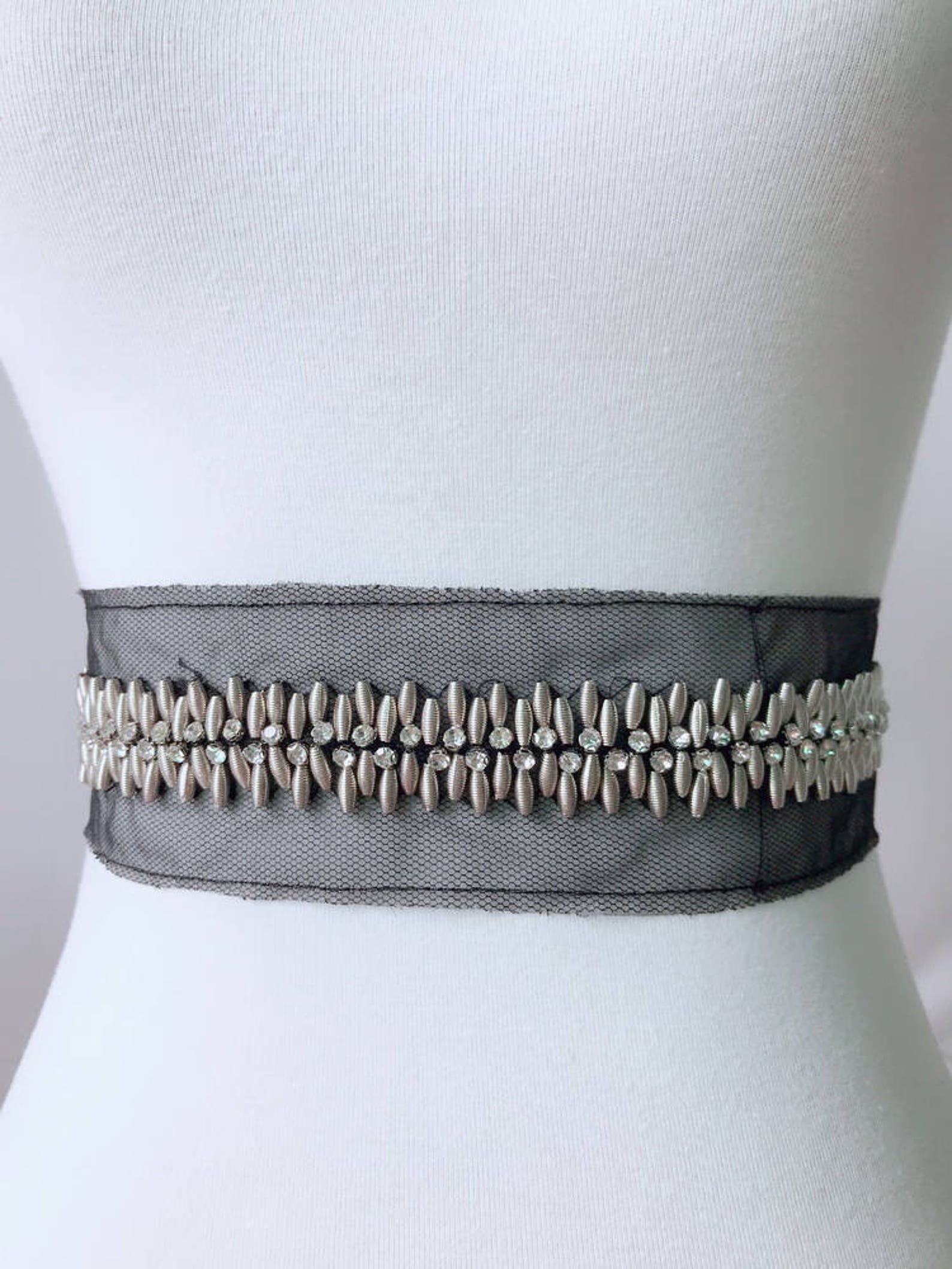 Silver Beaded Trim, Black Mesh Lace, Rhinestone Beaded Lace Trim by ...