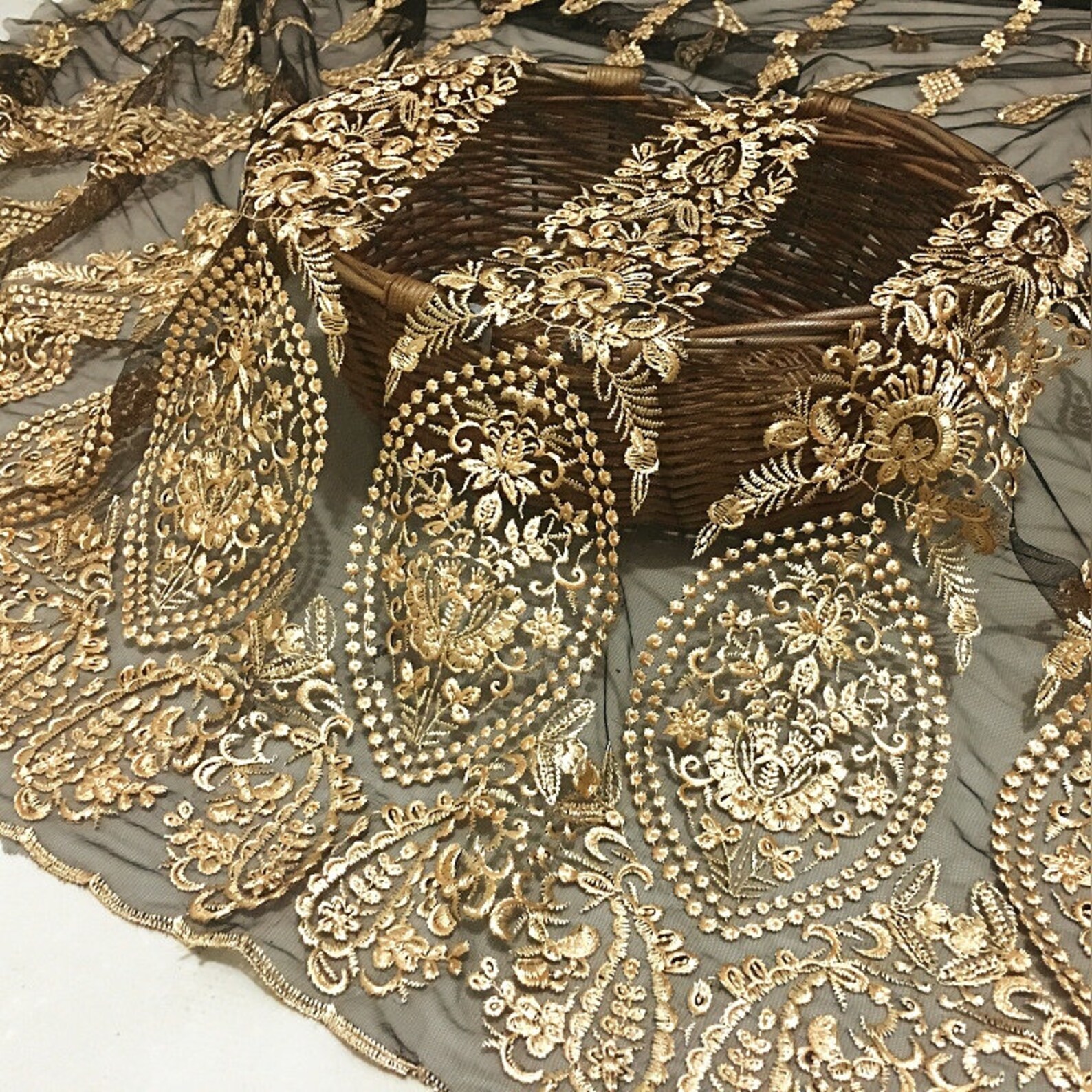 Vintage Gold Embroidered Lace Fabric Retro Floral Black Mesh Evening ...