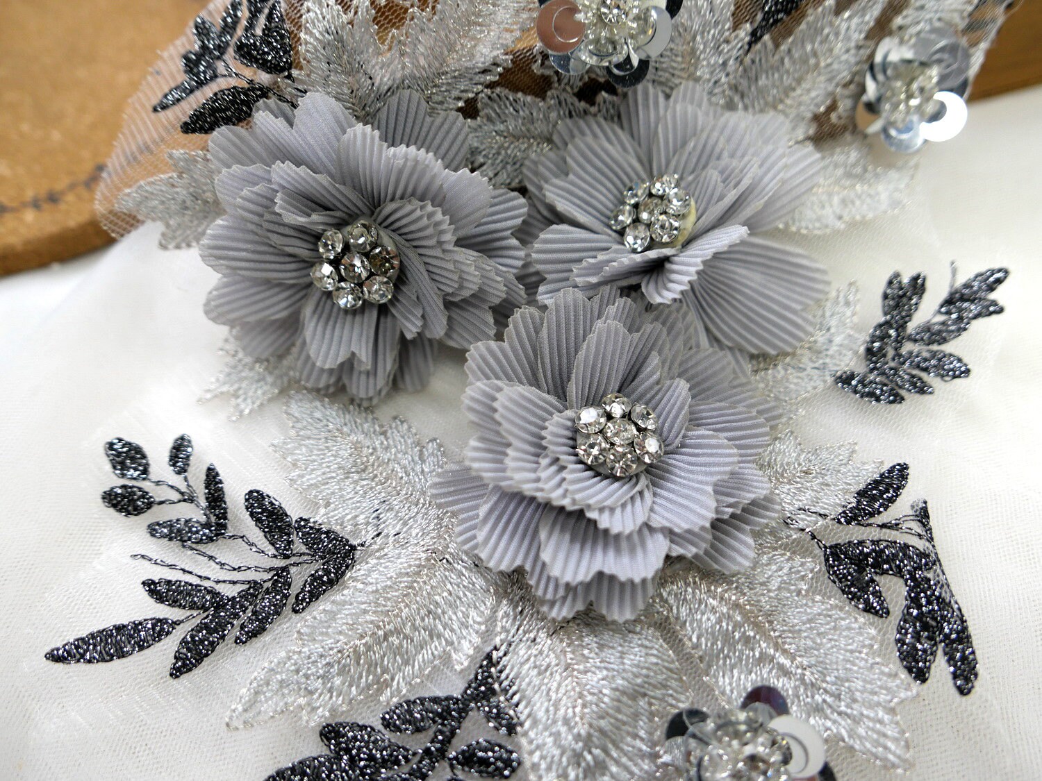 Silver Gray Embroidery Lace Applique Rhinestone 3D Flowers | Etsy