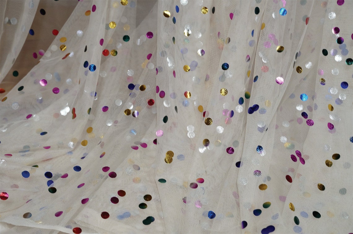 Soft Stretch Tulle Fabric in Ivory, Rainbow Polka Dots Mesh Tulle Lace ...