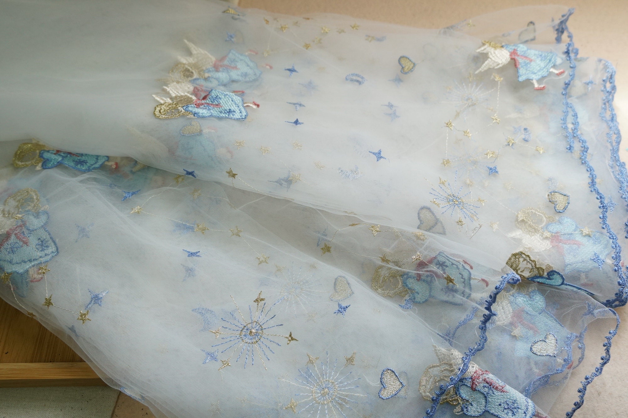 Blue & Gold Embroidery Angel Victorian Fabric Soft Off white | Etsy