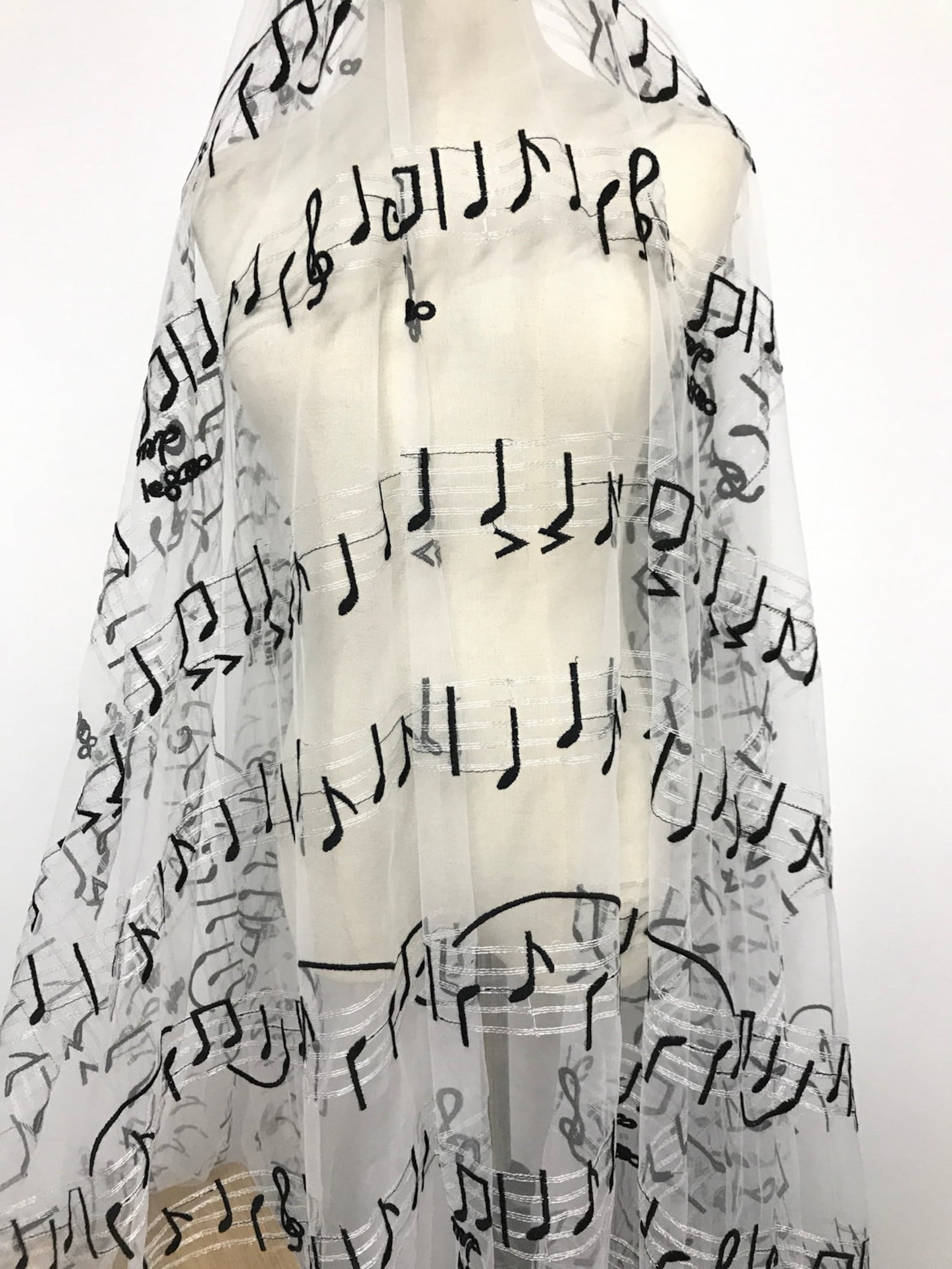 Music Note Fabric, Musical Notes Tulle Fabric, Black Note and off White ...
