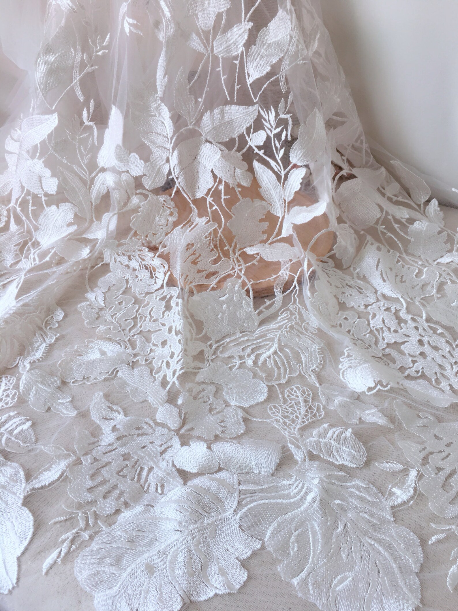 Ivory Leaf Fabric Soft Tulle Lace Fabrics for Bridal Dress | Etsy