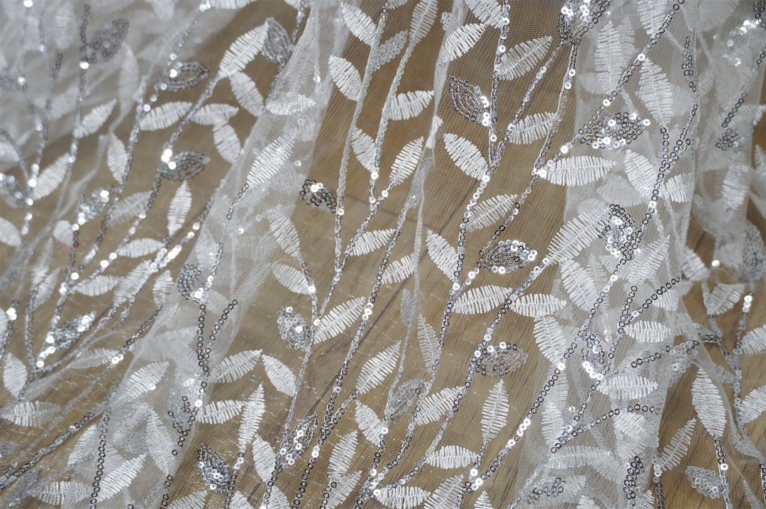 Off White & Silver Sequin Leaf Embroidered Lace Fabric for Flower Girl ...