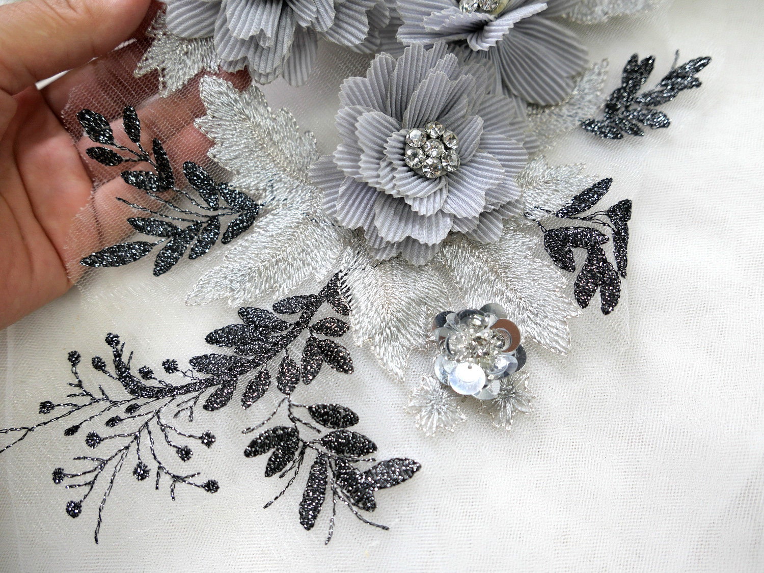 Silver Gray Embroidery Lace Applique Rhinestone 3D Flowers | Etsy