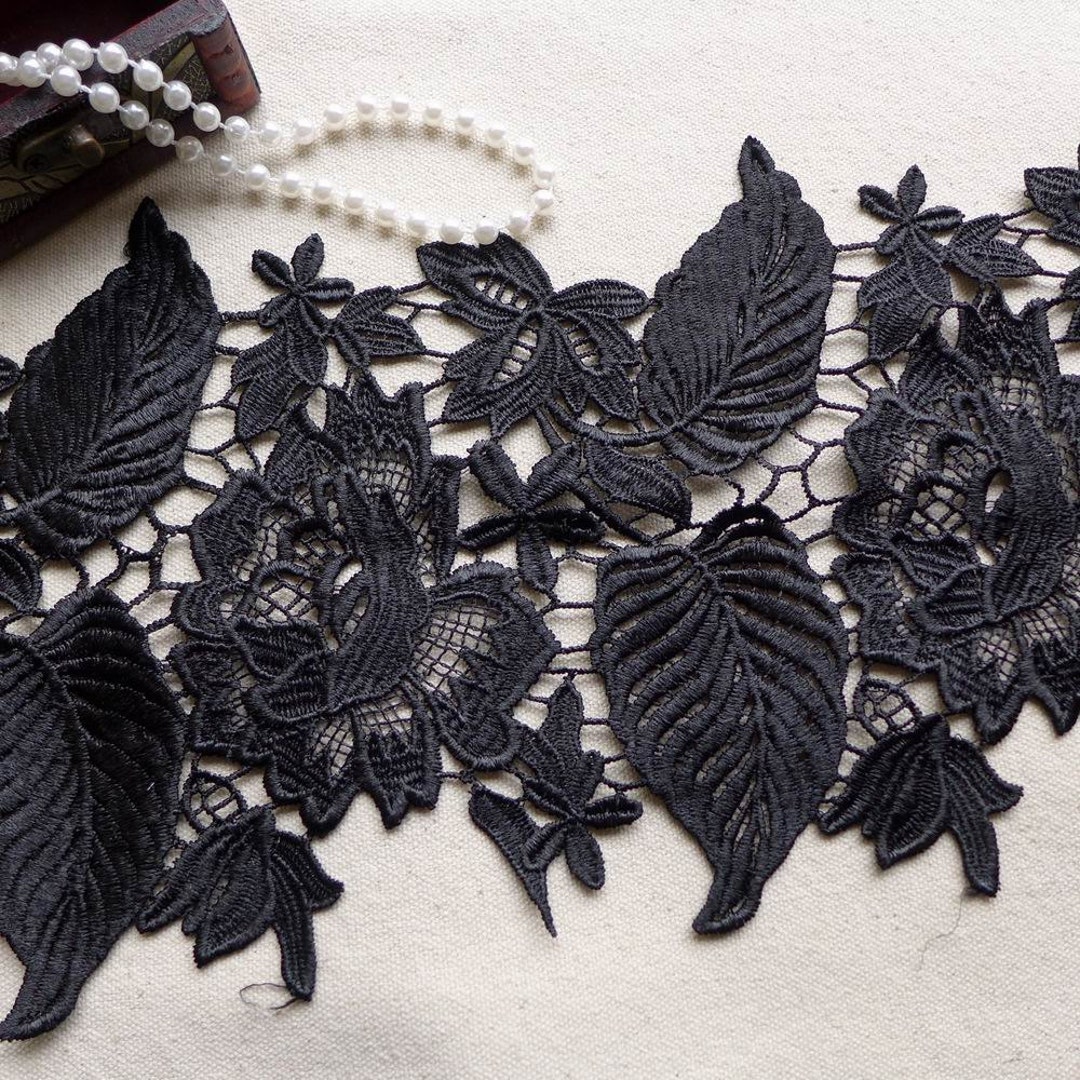 ONE Yard Black Venise Lace Trim With Rose and Leaf Embroidered Lace ...