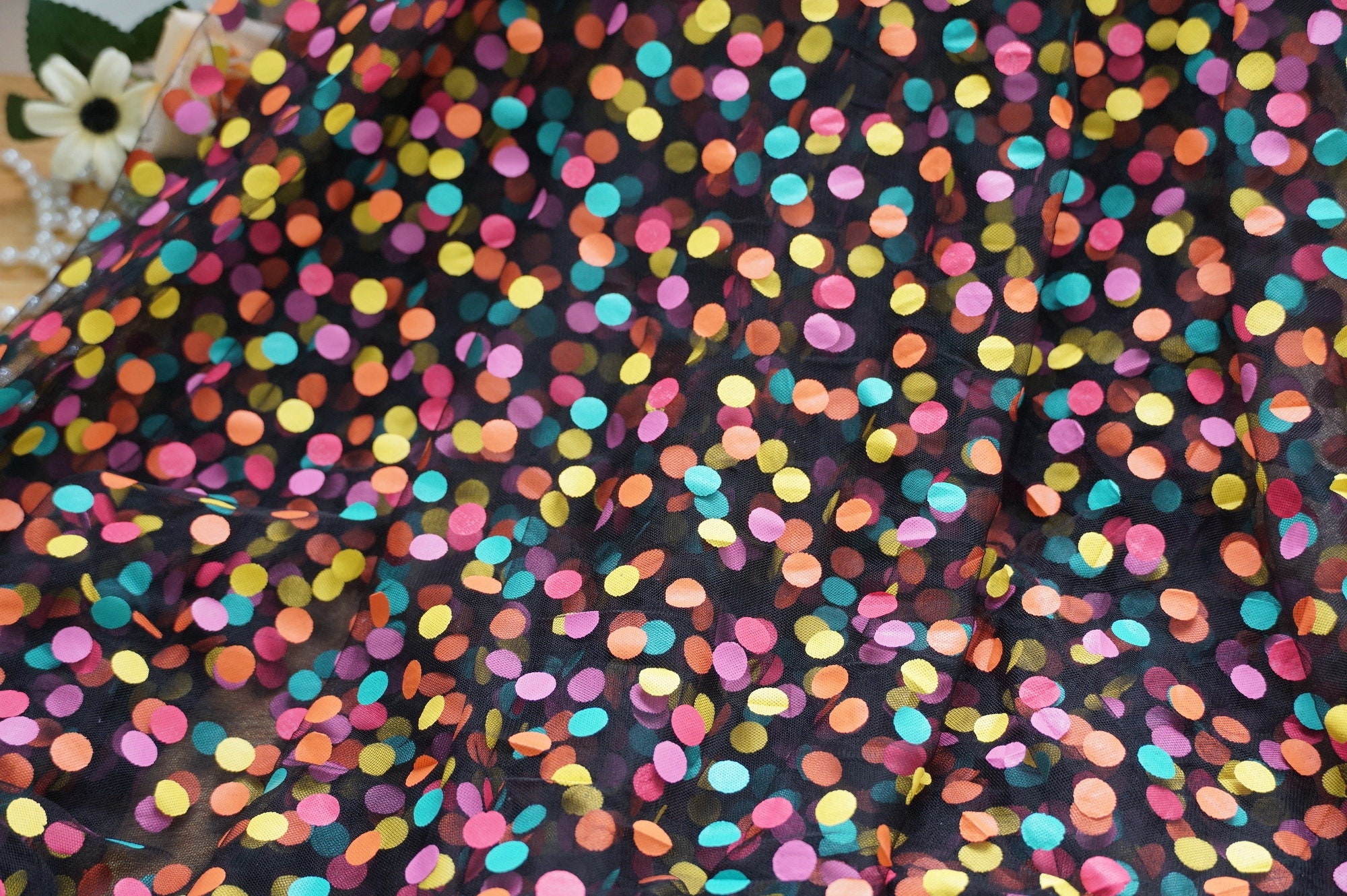 Polka Dot Fabric, Round Circle Tulle Fabric, Soft Colorful Dots Tulle ...