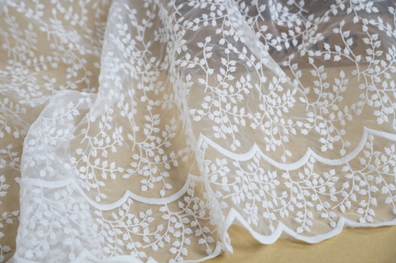 Off White Venice Floral Leaves Embroidery Mesh Netting Fabric | Etsy