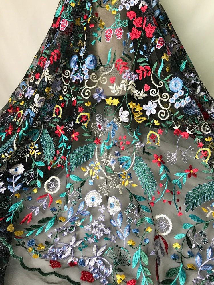 Multicolor Lace Fabric Black Mesh Lace Vivid Floral Leaf | Etsy