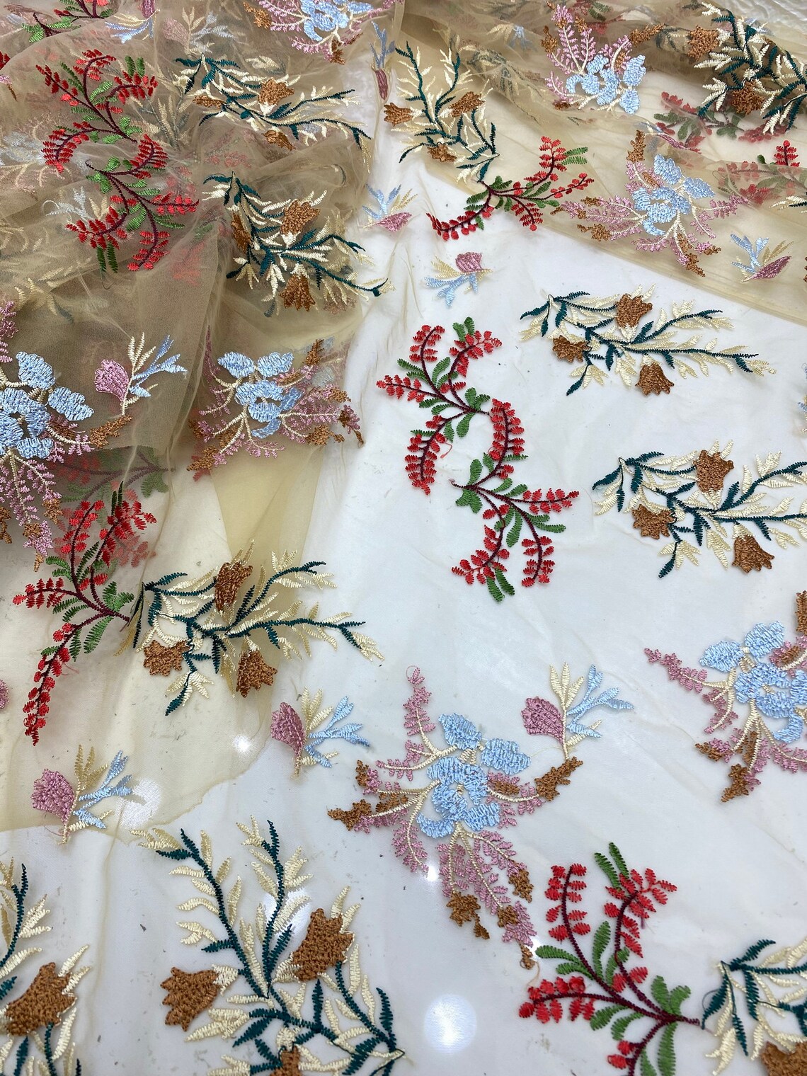 Multi-color Floral Wedding Lace Fabric Beige Mesh Fabric - Etsy