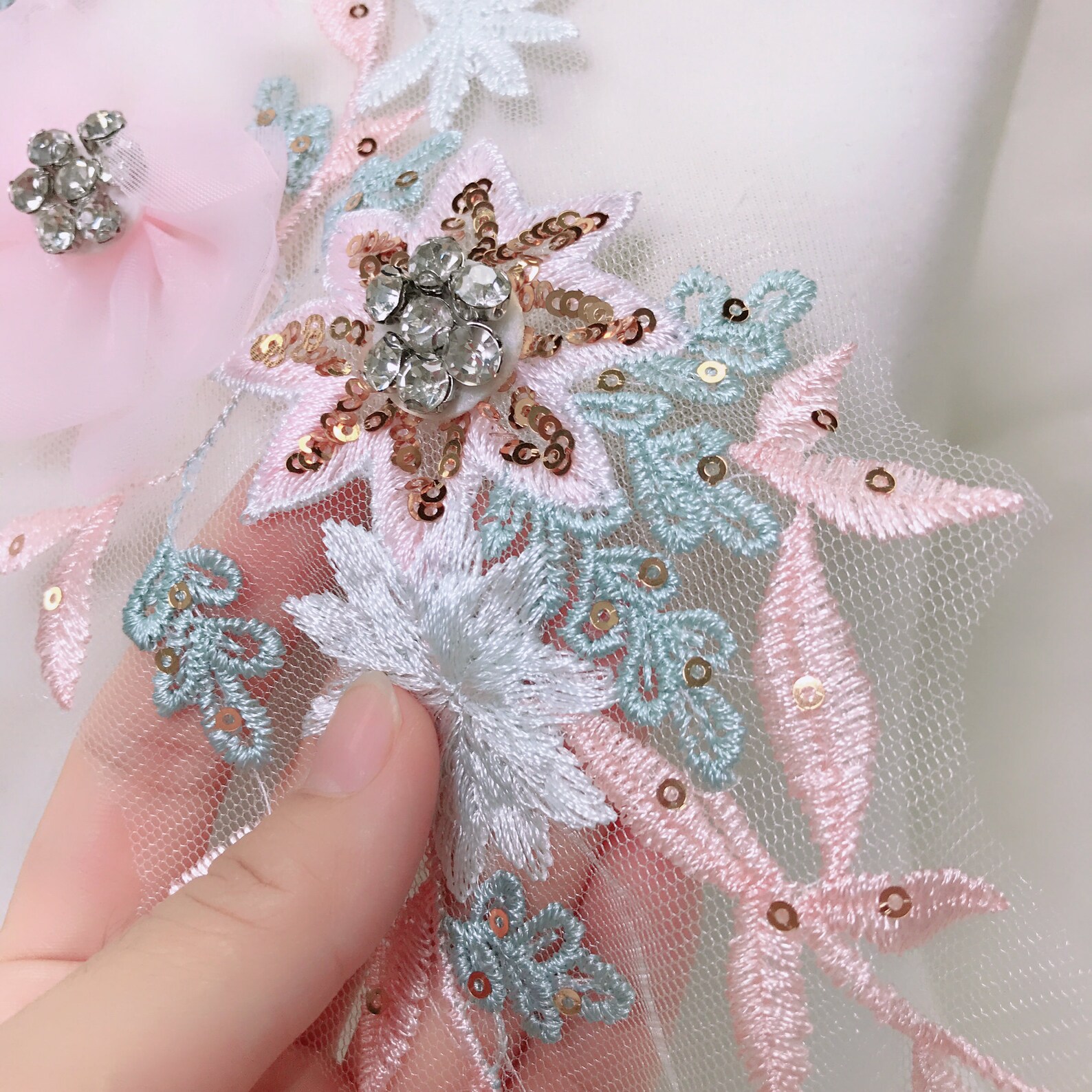 Aqua & Pink Lace Applique 3D Flowers Rhinestone Appliqué for - Etsy