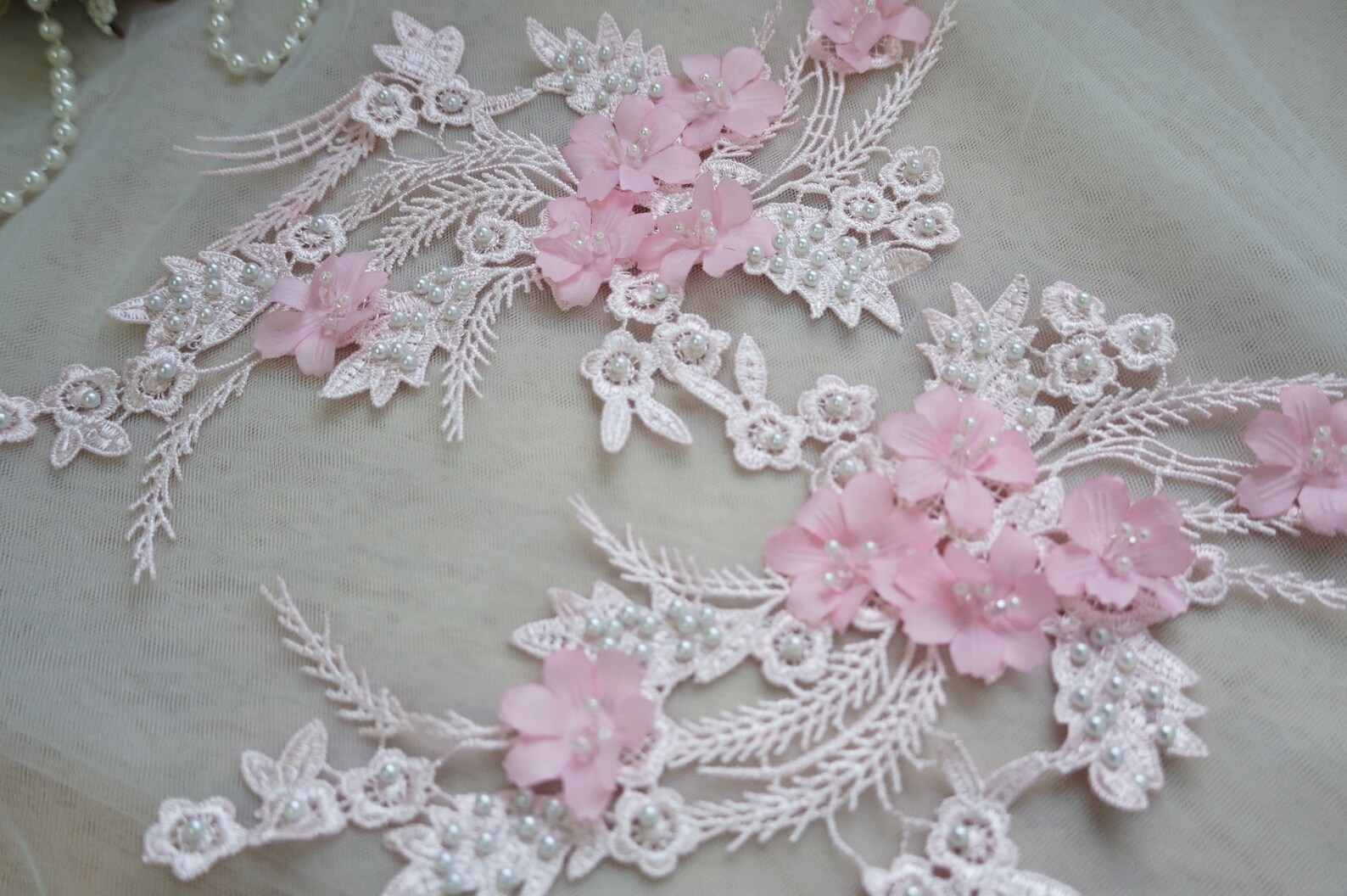 Pink Flower Applique 3D Flower Pearls Appliqué One Pair for - Etsy
