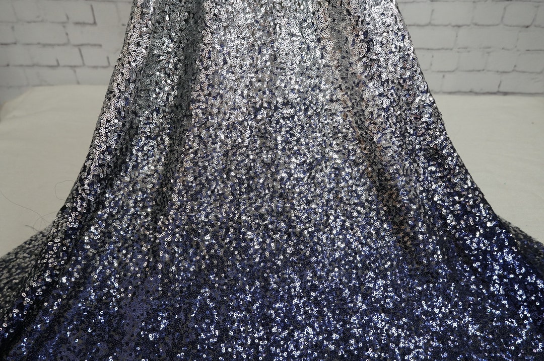 Two Tone Sequin Elastic Fabric Navy Silver Sequined Embroidered Lace ...