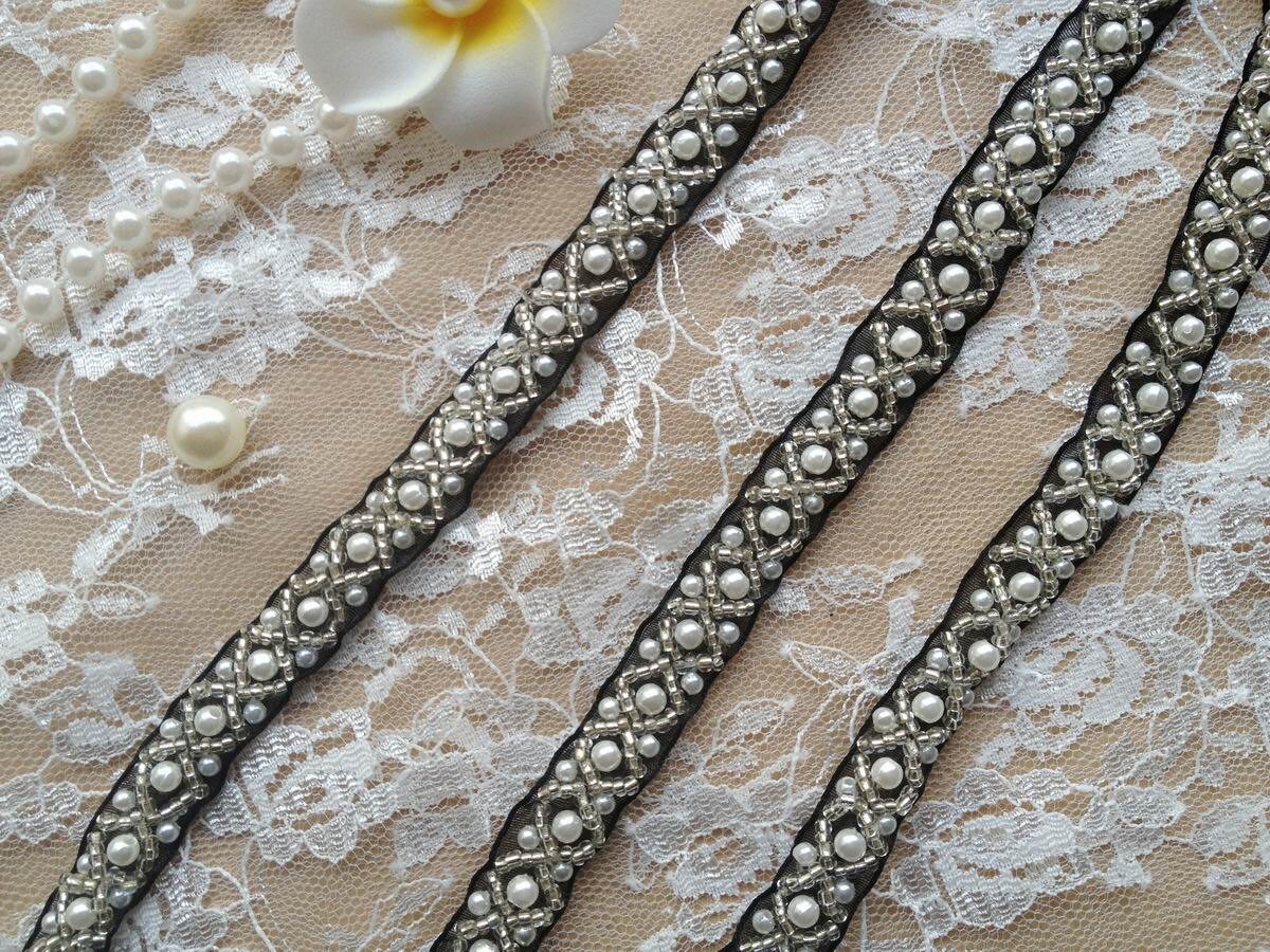 Beaded Ribbon Trim Ivory Pearl and Silver Beads Lace Trim on | Etsy