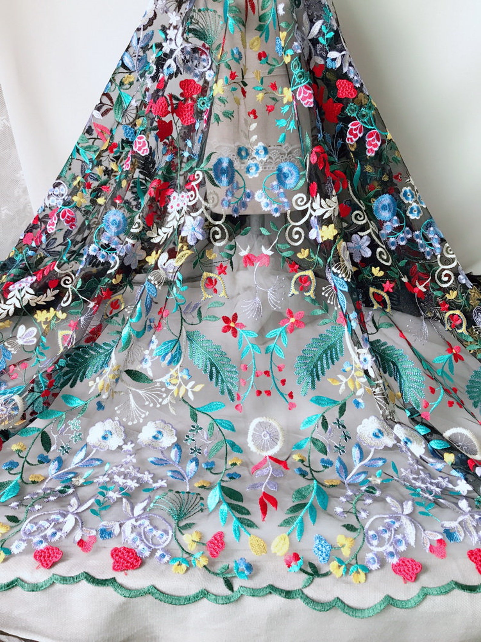 Vintage Multicolor Floral Embroidery Lace Fabric on Black | Etsy