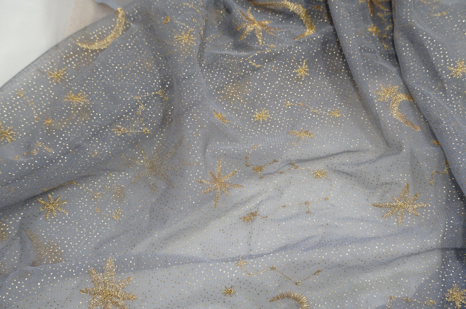 Gold Moon Stars Pattern Mesh Netting Fabric, Navy / Gray Mesh Fabric ...