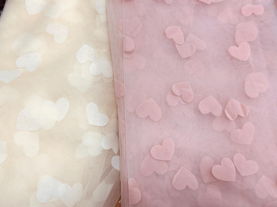 3 Colors - Hearts Lace Fabric Soft Flocking Love Pattern Tulle Fabric ...