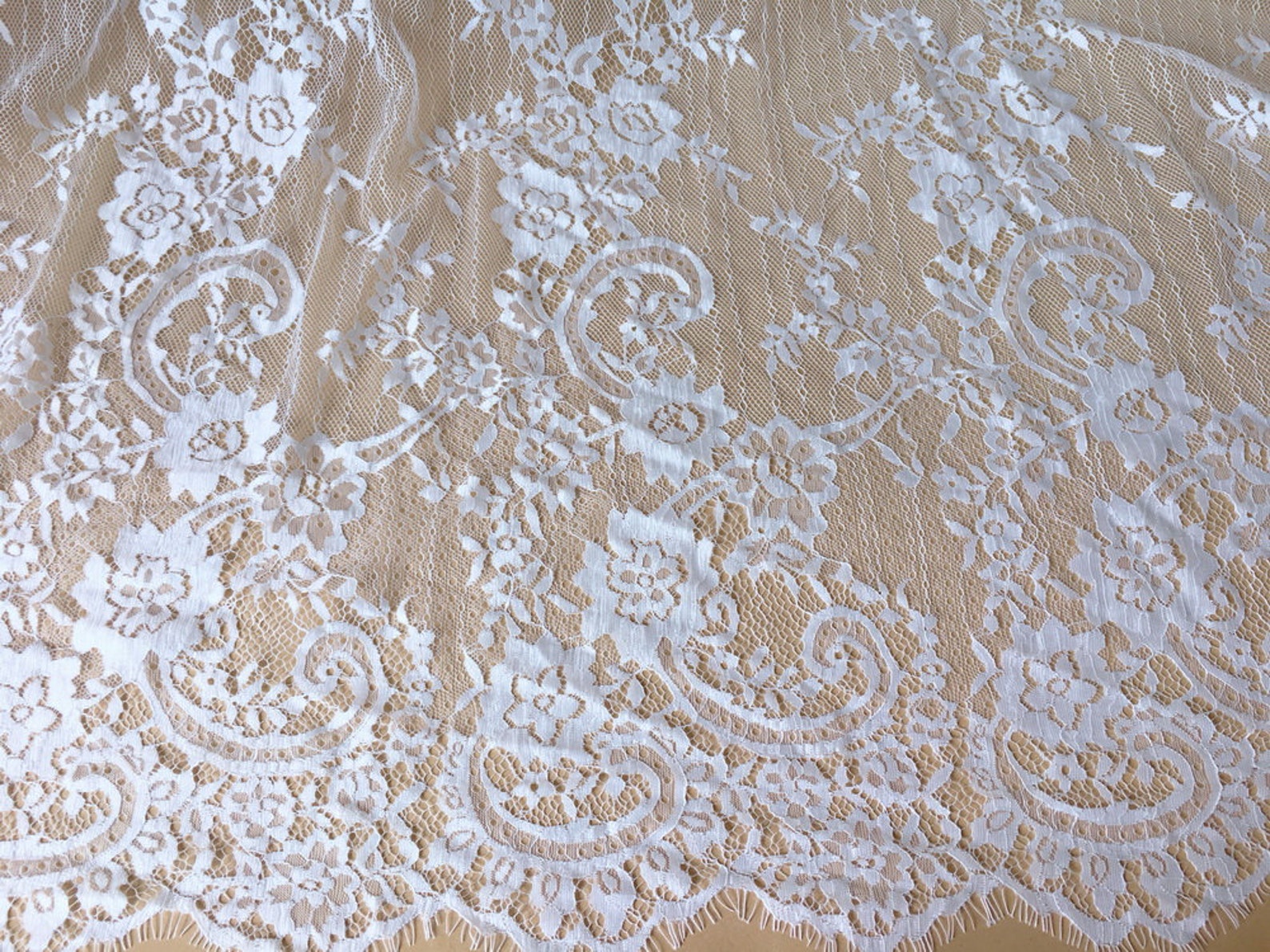 French Chantilly Lace Scalloped Floral Motifs in off White for Lace ...