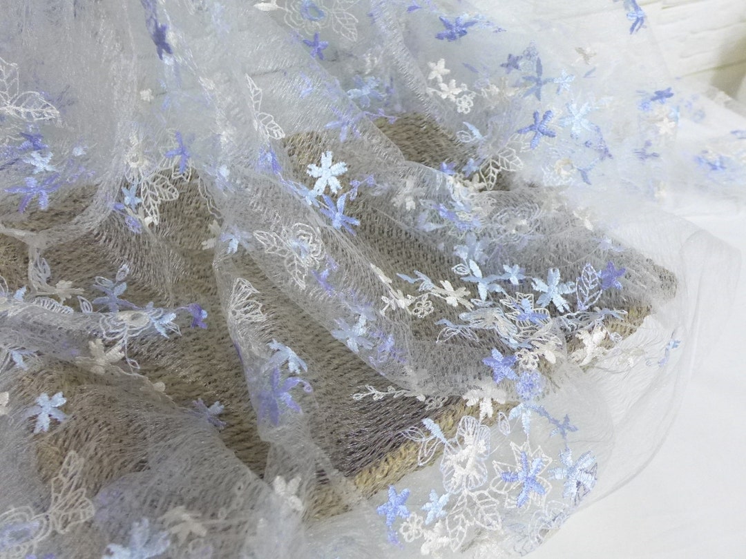 Blue Floral Mesh Fabric off White Mesh Embroidery Fabric Wedding Gown ...