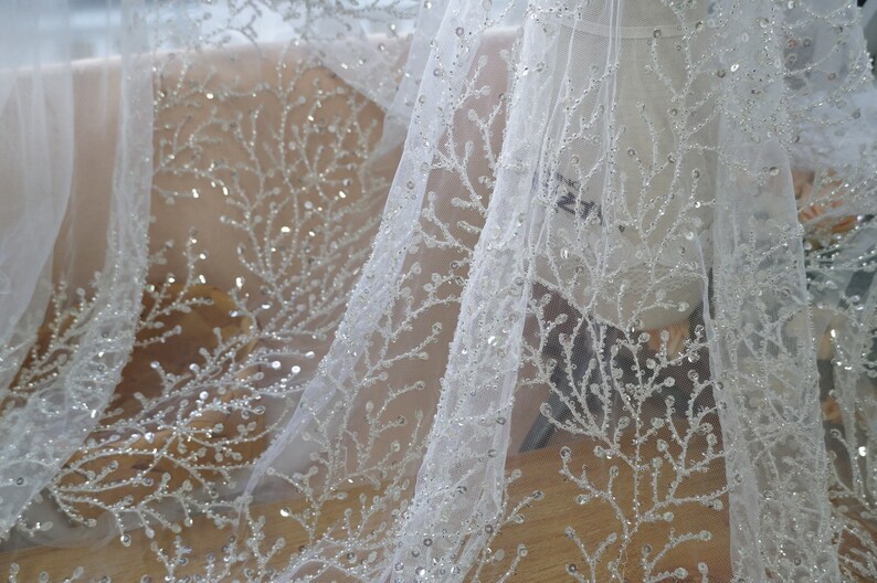 Gorgeous Leaf Embroidered Lace Silver Beading Sequins Fabric | Etsy