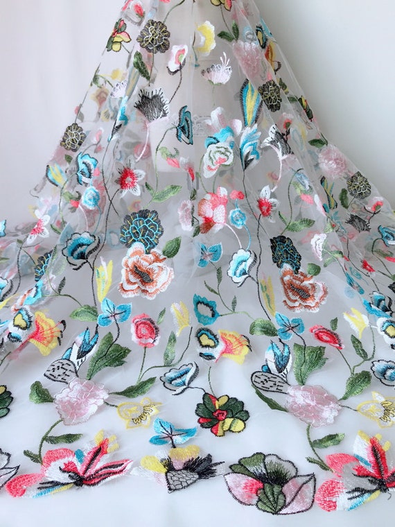 Multi Color Floral Flowers Embroidered Tulle Lace Fabric For Etsy