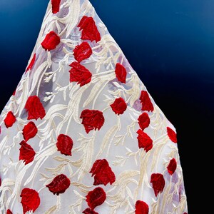 Rose Fabric, Red Rose Flower With Light Gold Leaves Embroidery Fabric ...