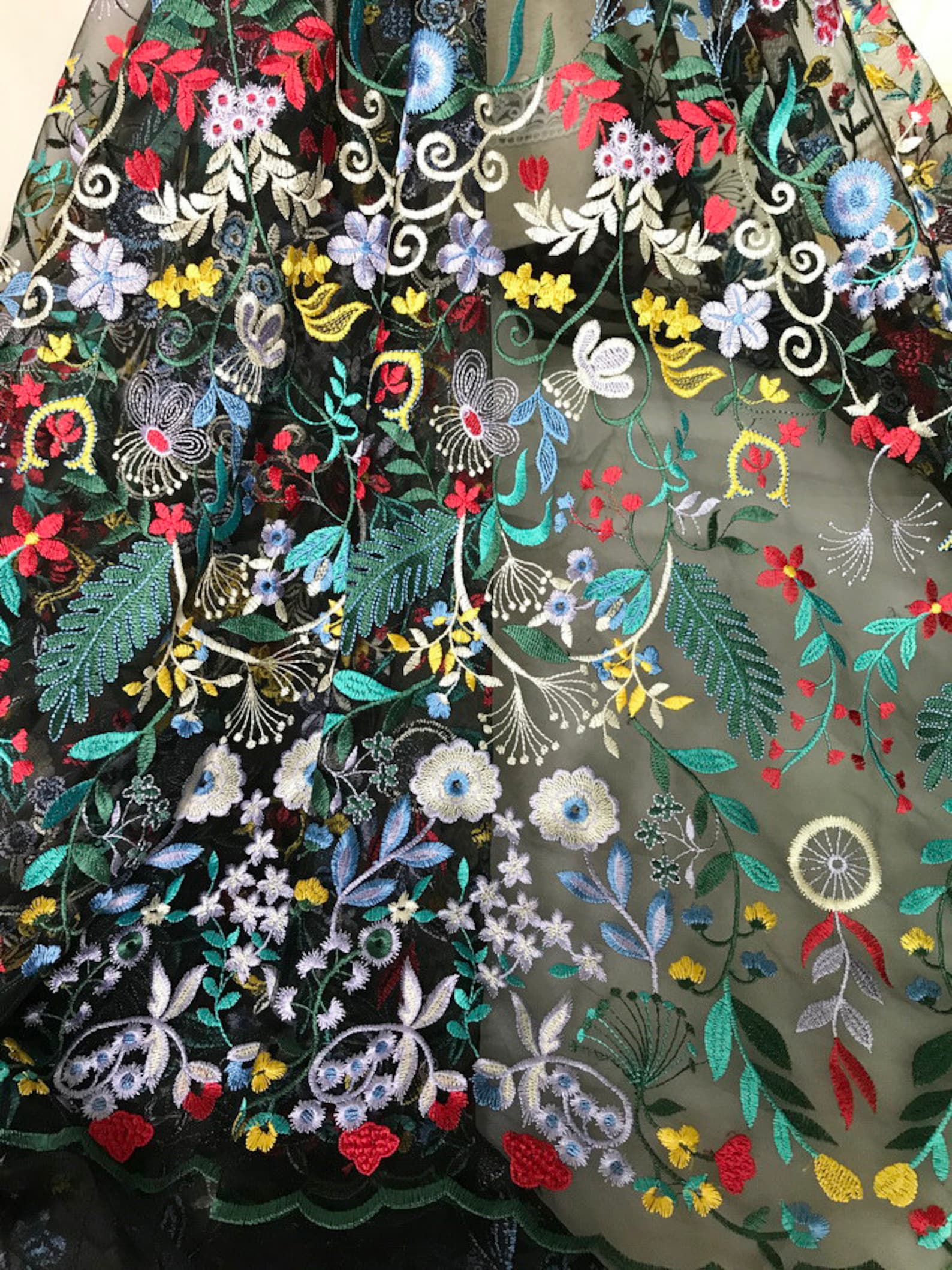 Multicolor Lace Fabric Black Mesh Lace Vivid Floral Leaf | Etsy
