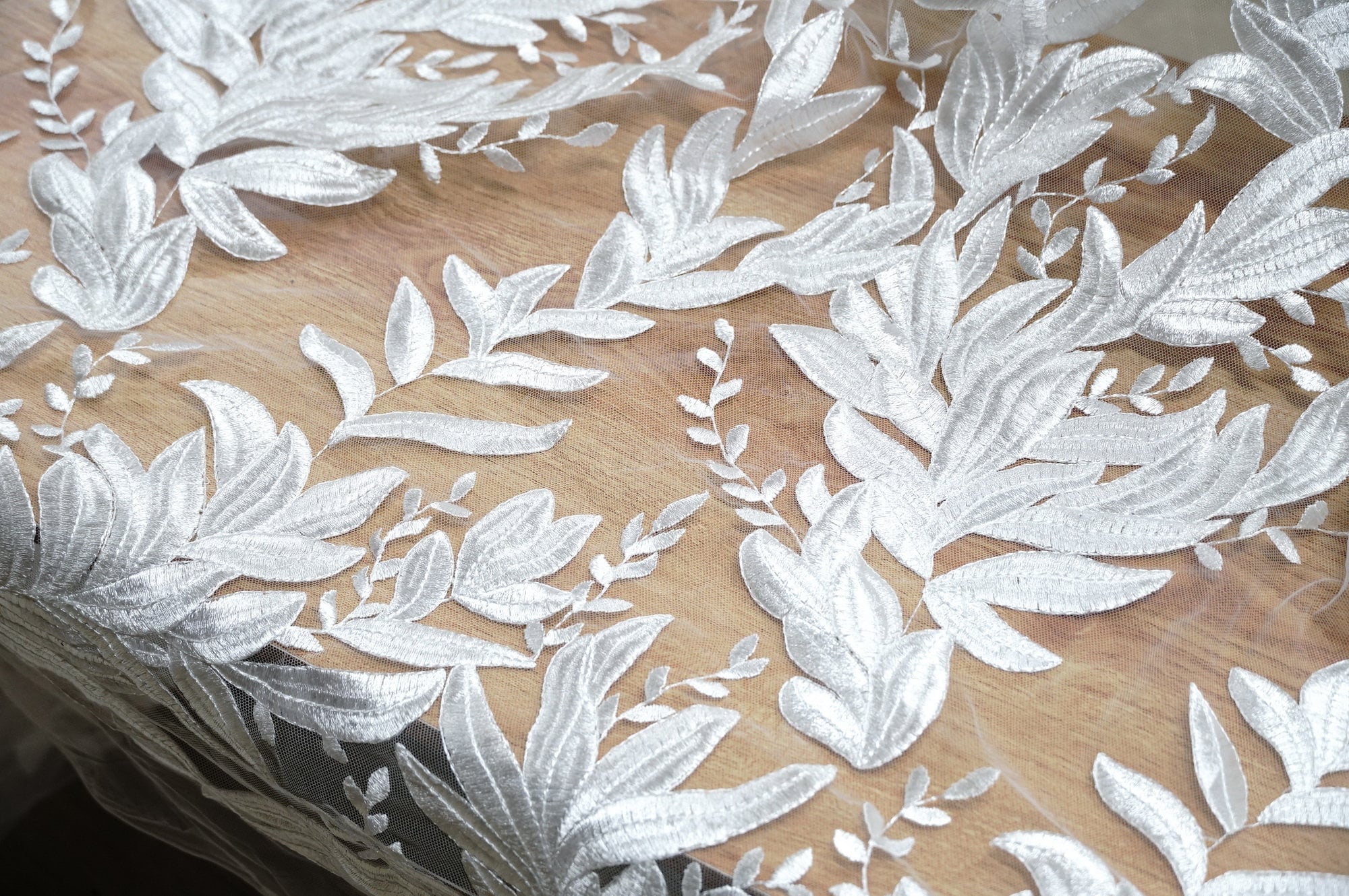 Off White Large Leaf Embroidery Lace Netting Fabric for | Etsy