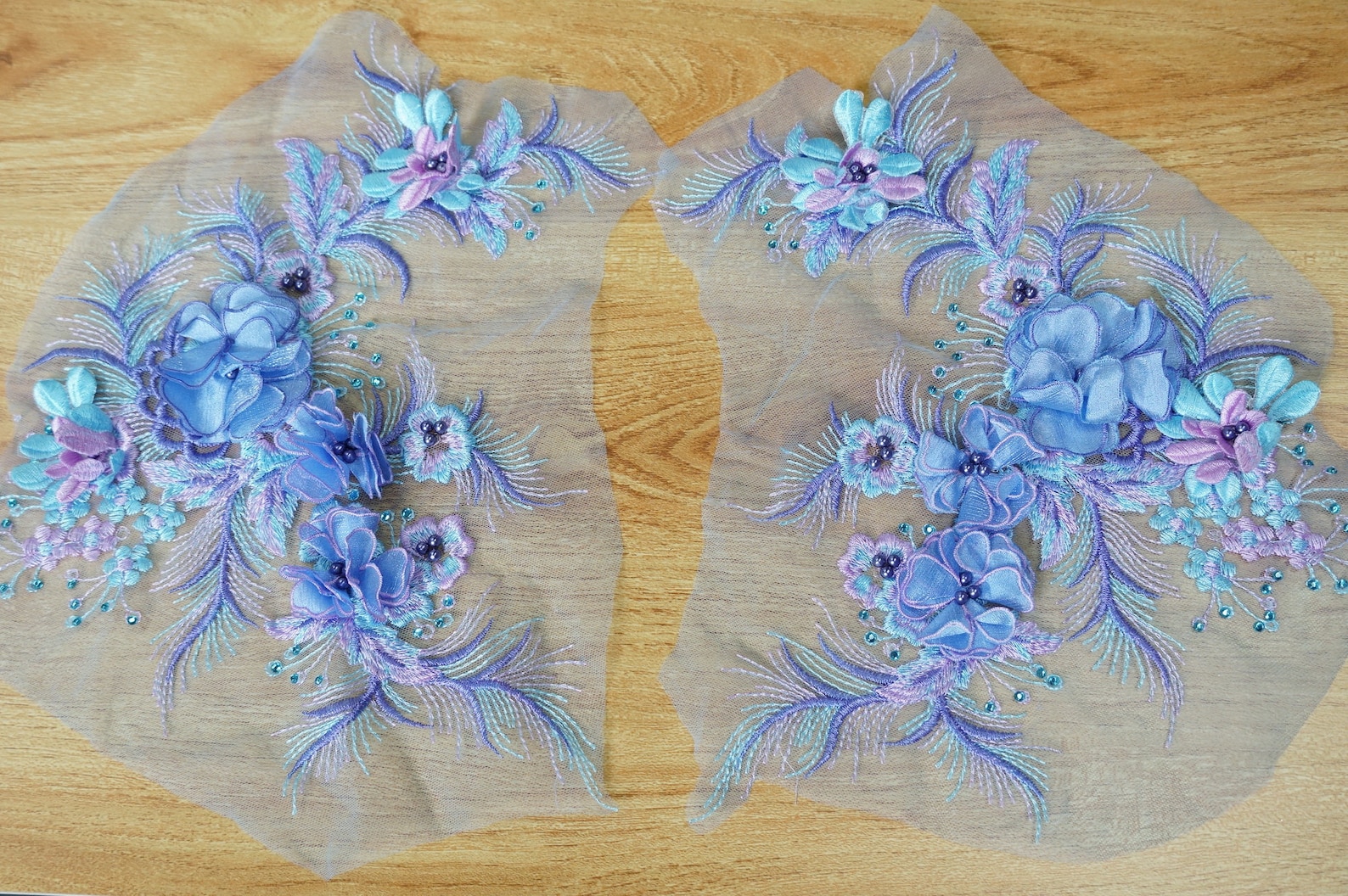 Purple Blue Lace Applique 3D flower Lace Applique Pearl | Etsy