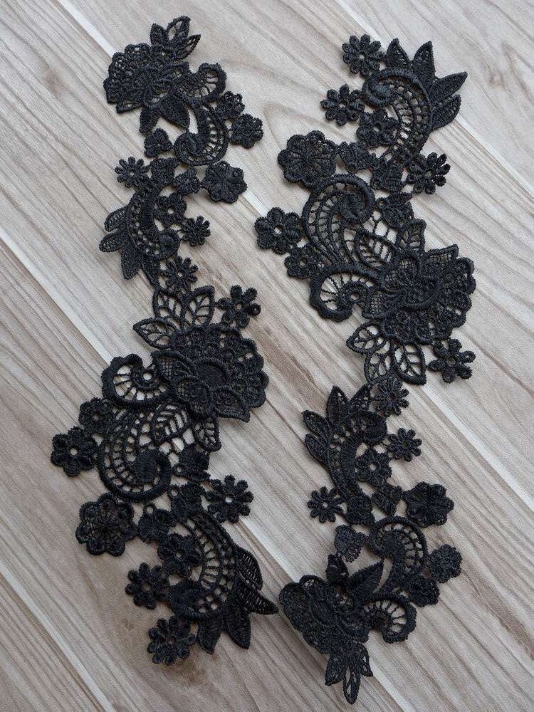 ONE PAIR Black Venise Lace Applique, Black Floral Applique, Wedding ...