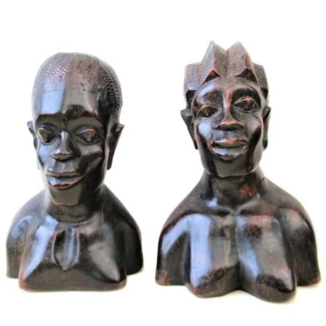 Carved Vintage Busts Man & Woman Ethnic Tribal Statues African Heads ...