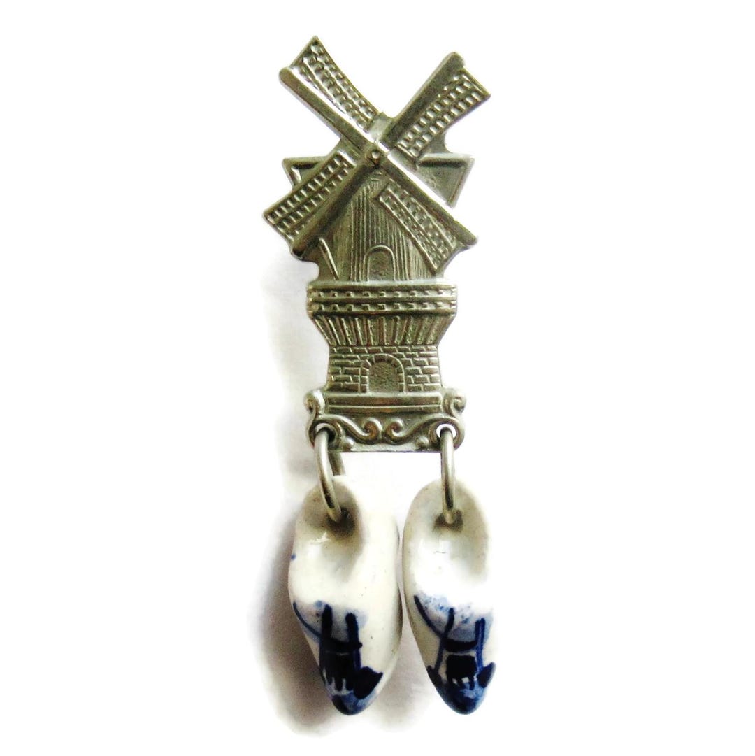 Delft Windmill & Clogs Brooch Vintage Blue White Ceramic Pin Holland ...
