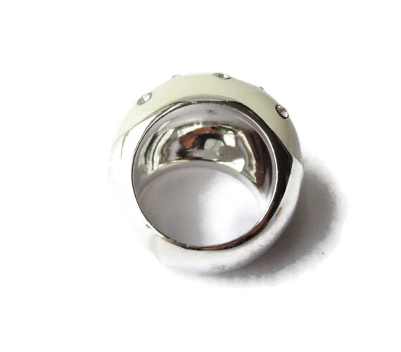 White Chunky Ring Modernist Enamel Domed Shape With S… - Gem