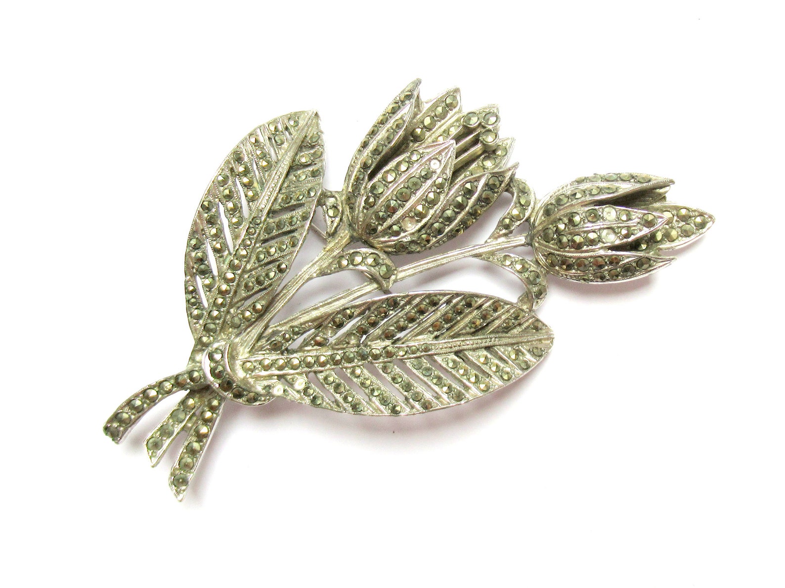 Large Marcasite Flower Brooch Silver Tone Statement Pin Floral | Etsy