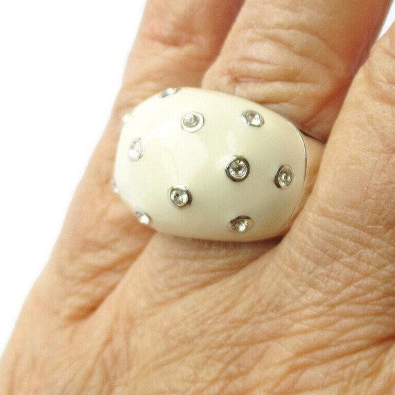 White Chunky Ring Modernist Enamel Domed Shape With S… - Gem