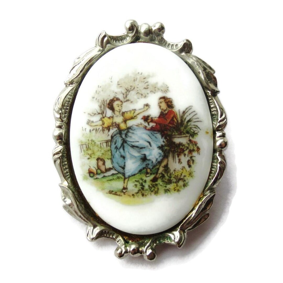Rococo Style Brooch Oval Figures on Porcelain Baroque Style Silver ...
